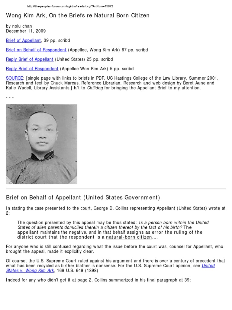 Wong Kim Ark On The Briefs Re Natural Born Citizen - 23998980 | PDF ...