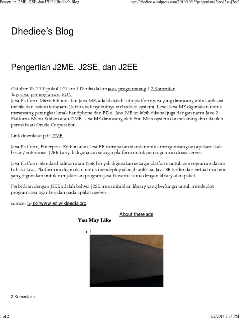 Pengertian J2ME, J2se, J2EE | PDF