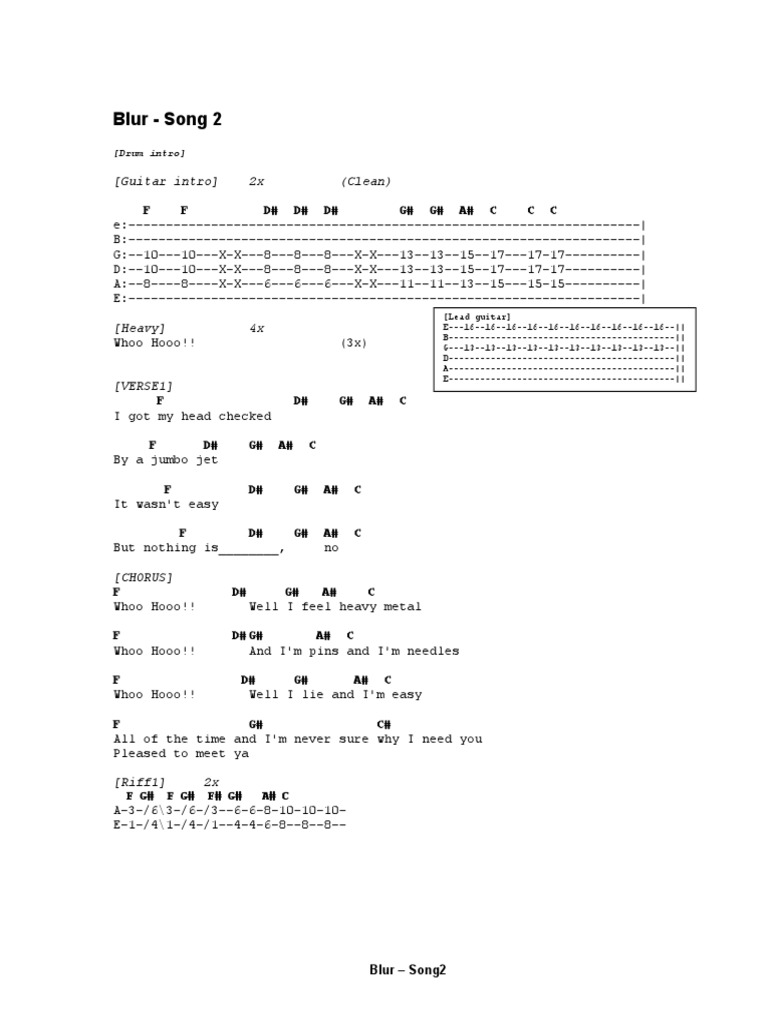 Blur - Song 2: (Guitar Intro) 2x (Clean) | PDF
