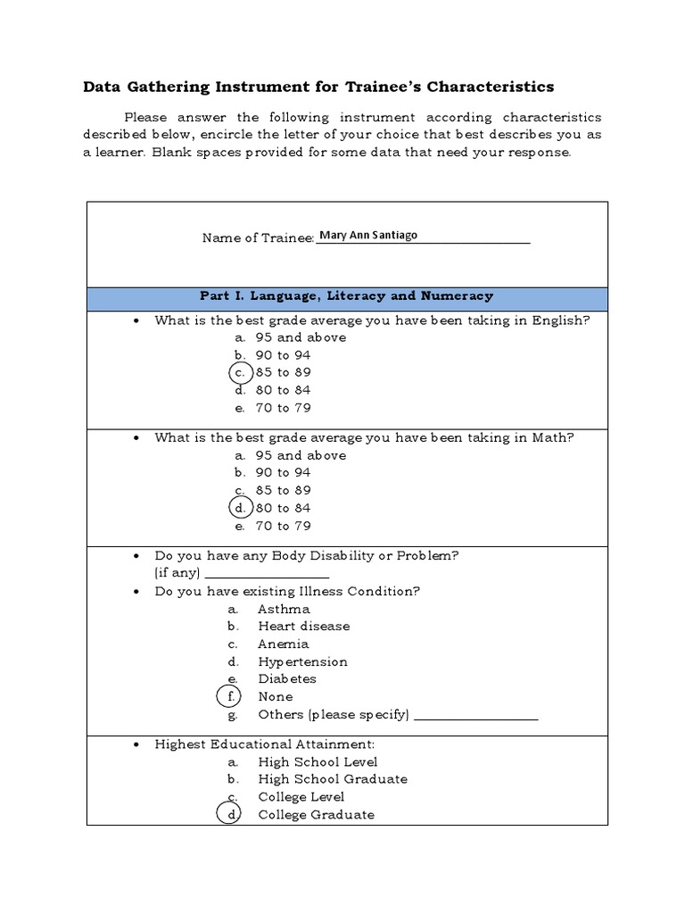 Data Gathering Instrument For Tranee | PDF | Learning Styles | Pedagogy