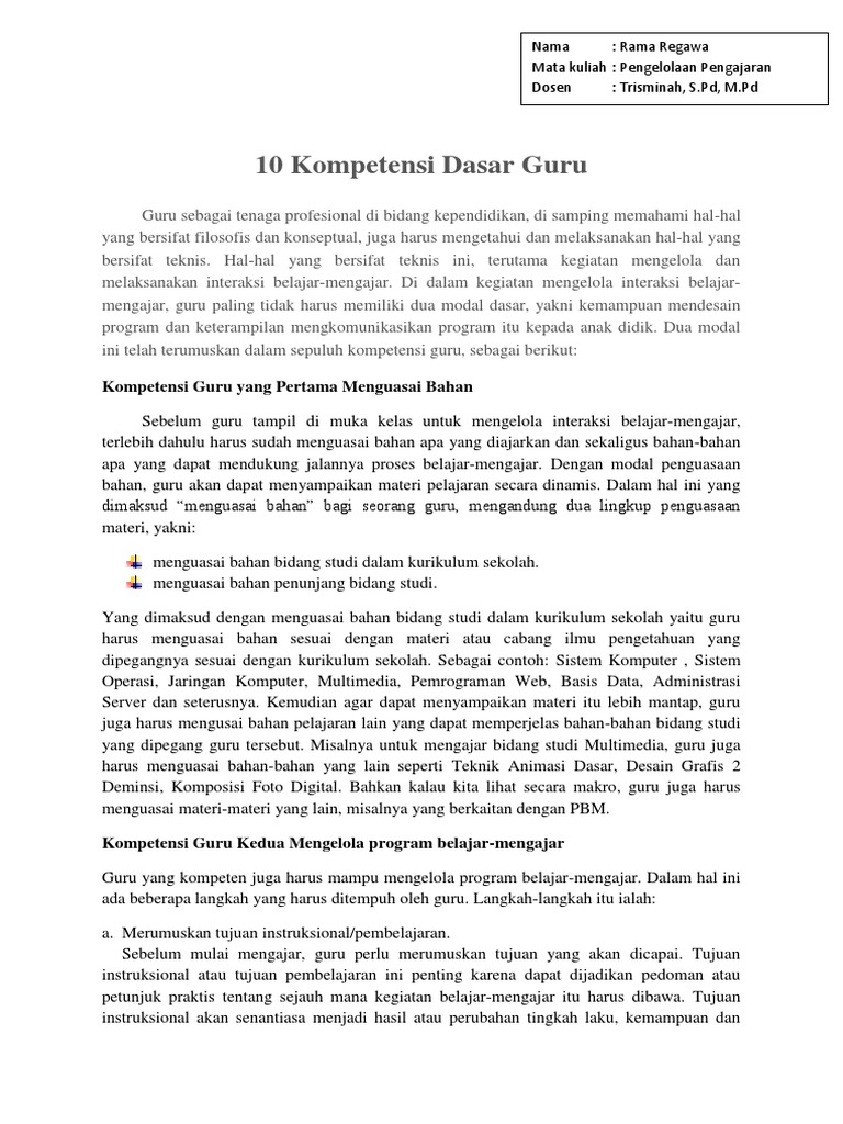 10 Kompetensi Dasar Guru Profesional | PDF | Karier & Perkembangan