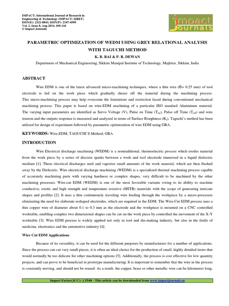 12.Eng-Parametric Optimization of Wedm Using - K.B. Rai | PDF | Materials | Industries