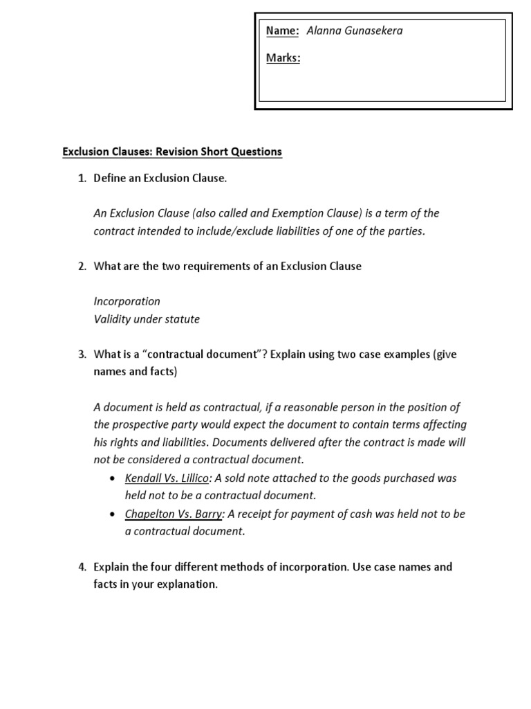 exclusion clauses | Contractual Term | Reasonable Person