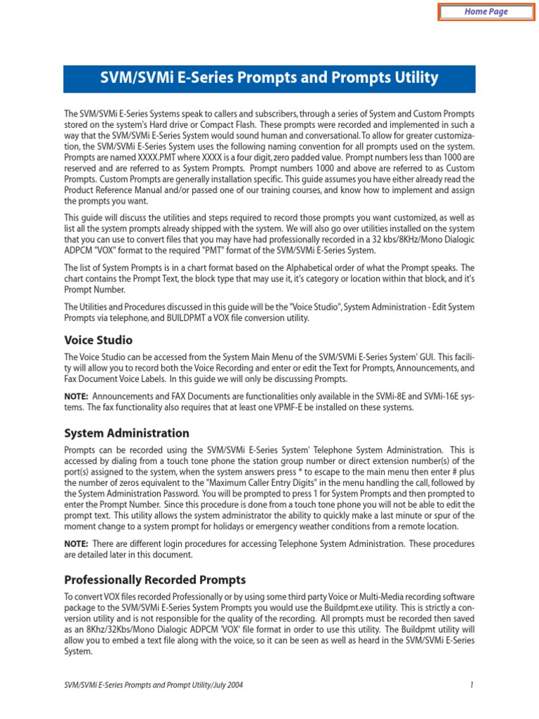 Svm/Svmi E-Series Prompts and Prompts Utility: Voice Studio | PDF | Telephone Number | Command ...