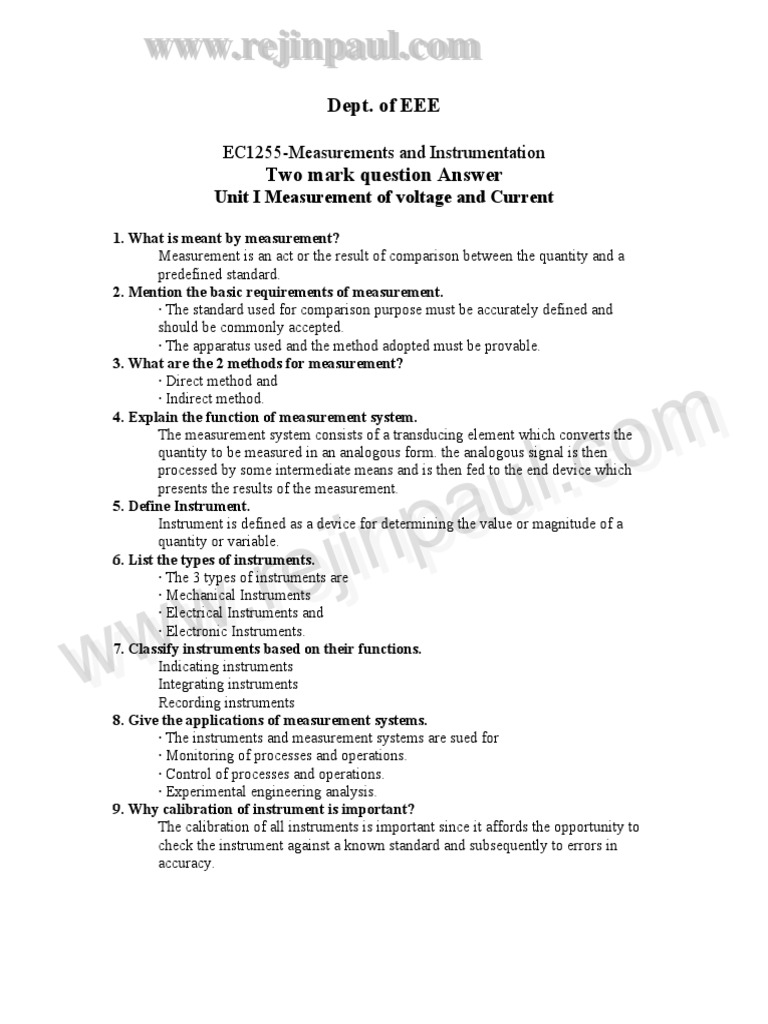 Dept. of EEE Two Mark Question Answer: EC1255-Measurements and ...