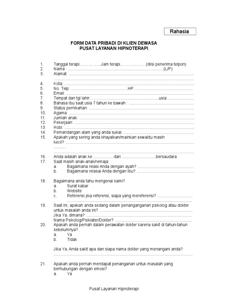Intake Form Hipnoterapi | PDF