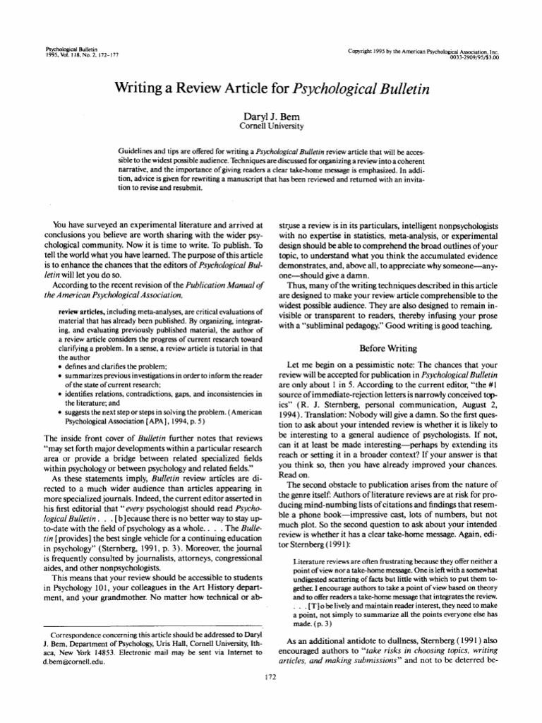 Bem, D. - Review Article For Psychological Bulletin | PDF | Analysis Of ...