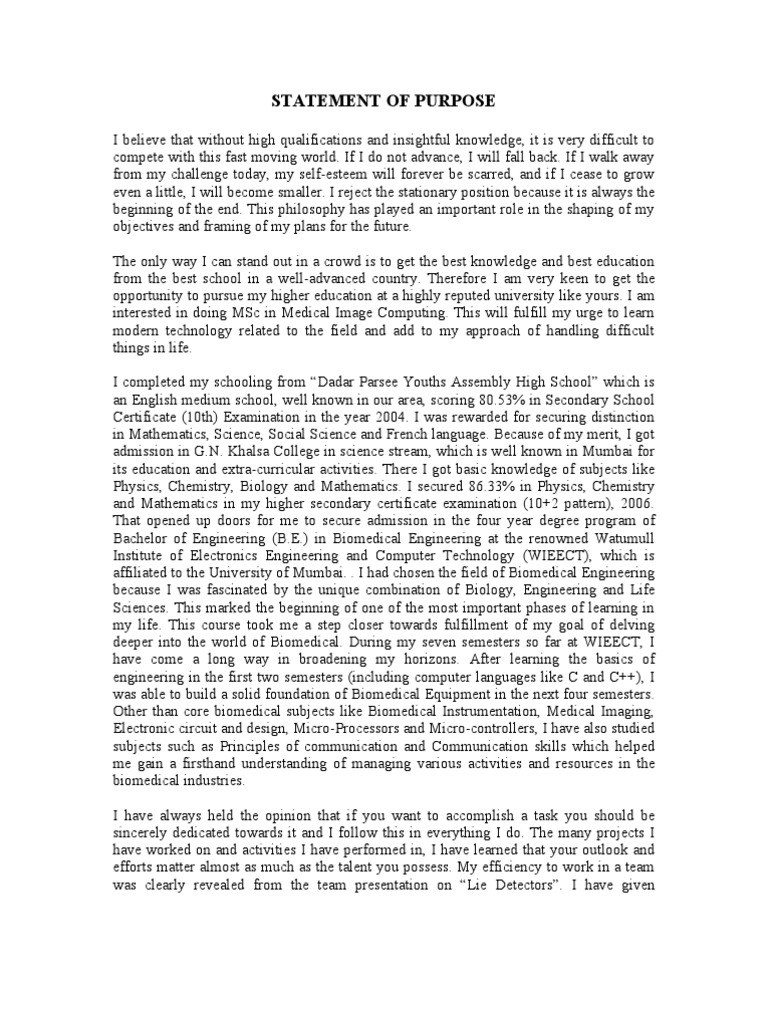 Statement of Purpose | PDF | Biomedical Engineering | Engineering