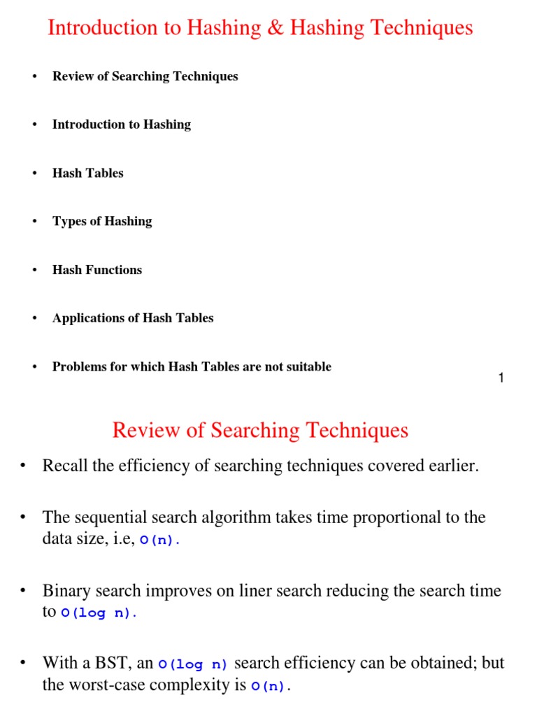 Introduction To Hashing & Hashing Techniques: Review of Searching ... Introduction To Hashing & Hashing Techniques: Review of Searching ...