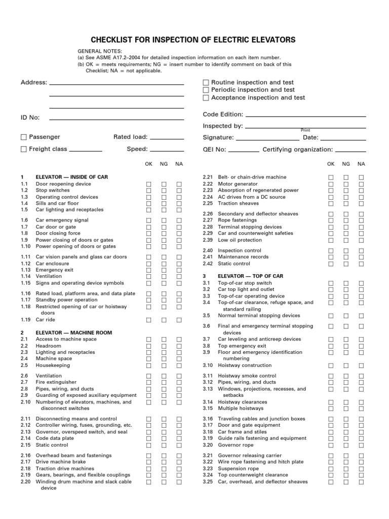 Checklist For Inspection of Electric Elevators | PDF | Elevator ...