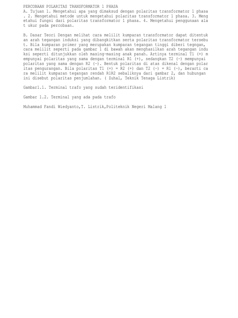 Cara Menentukan Polaritas Transformator 1 Fasa | PDF | Metode & Bahan ...