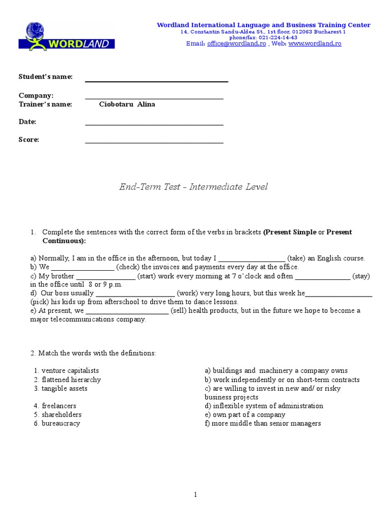 Test For Intermediate Level - English | PDF | Linguistics | Languages