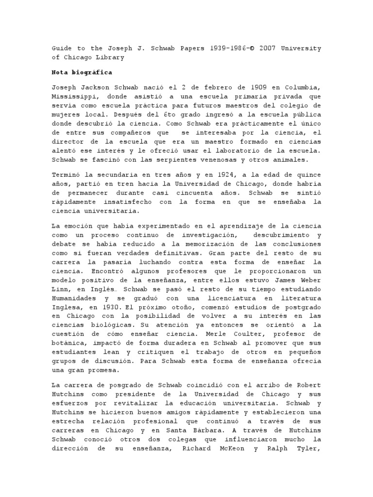 Nota Biográfica Joseph Schwab | PDF | Universidad | Science