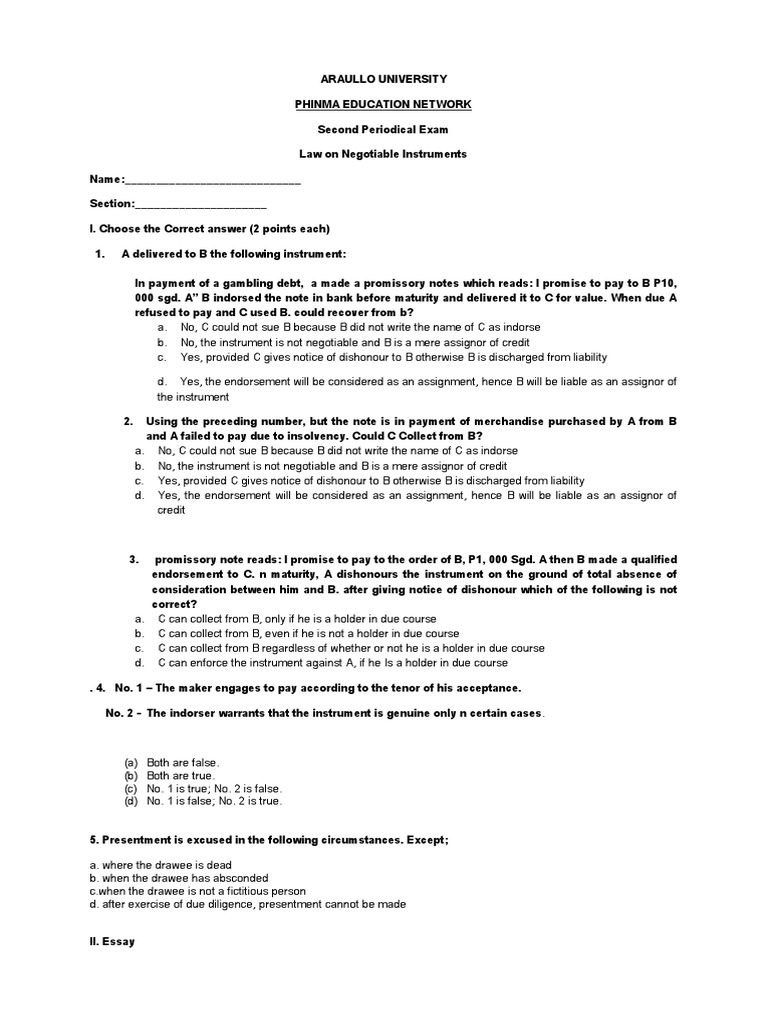 sample exam | Promissory Note | Negotiable Instrument