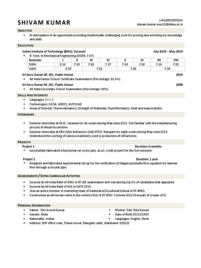 Shivam Kumar's Mechanical Engineering Resume | PDF