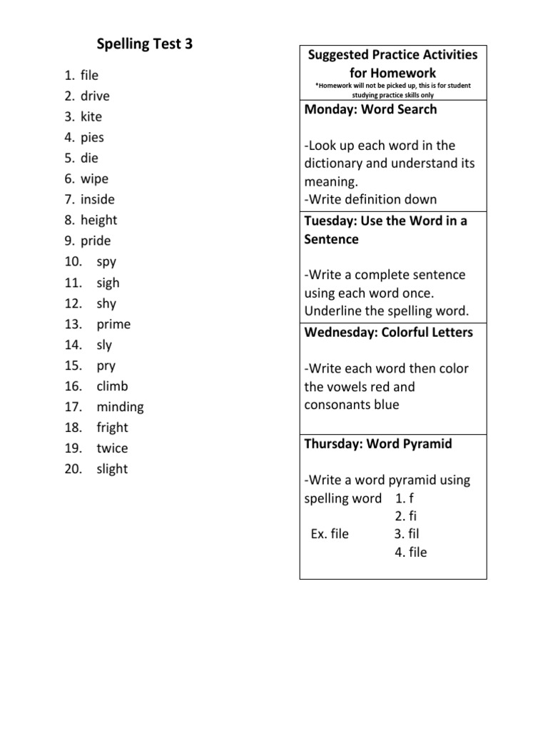 Spelling Test 3 Practice Activities | PDF | Career & Growth
