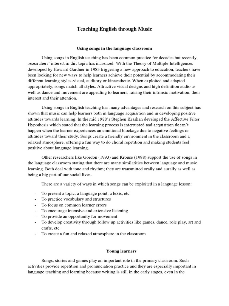 Types of Songs For ESL Primary | PDF | Language Education | Classroom