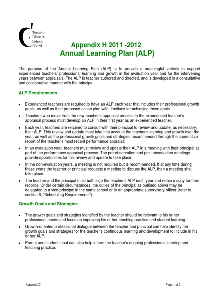 Annual Learning Plan (ALP): Appendix H 2011 -2012
