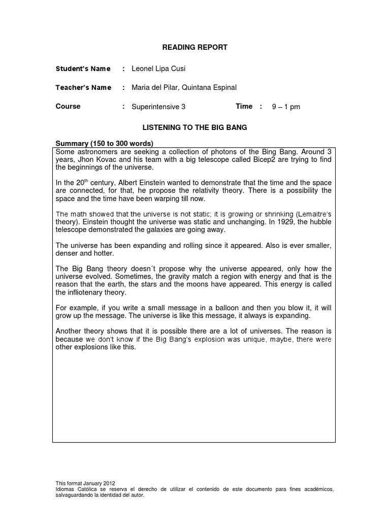 Reading Report Student's Name: Leonel Lipa Cusi Teacher's Name: Maria ...