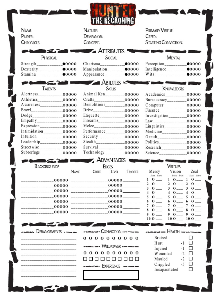 Hunter: The Reckoning Character Sheet | PDF | Psychological Concepts ...