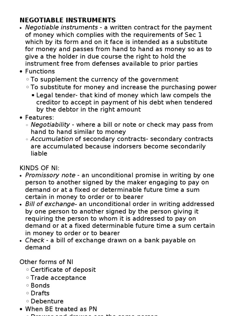 NEGOTIABLE INSTRUMENTS - Negotiable Instruments - A Written Contract ...