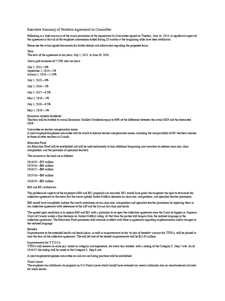 Executive Summary of Tentative Agreement in Committee | PDF ...