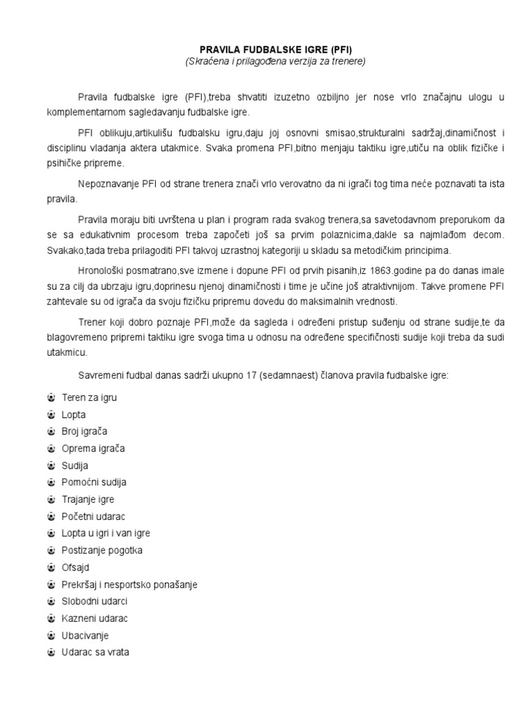 Pravila Fudbalske Igre | PDF