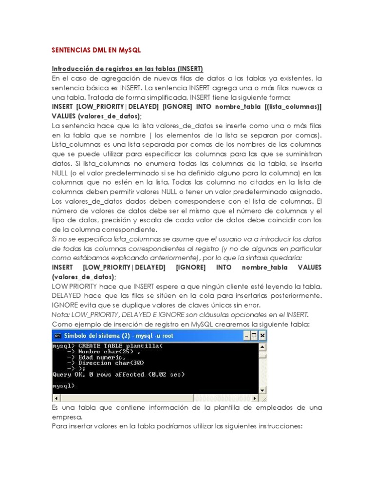 Sentencias DML en Mysql | PDF | Tabla (base de datos) | SQL