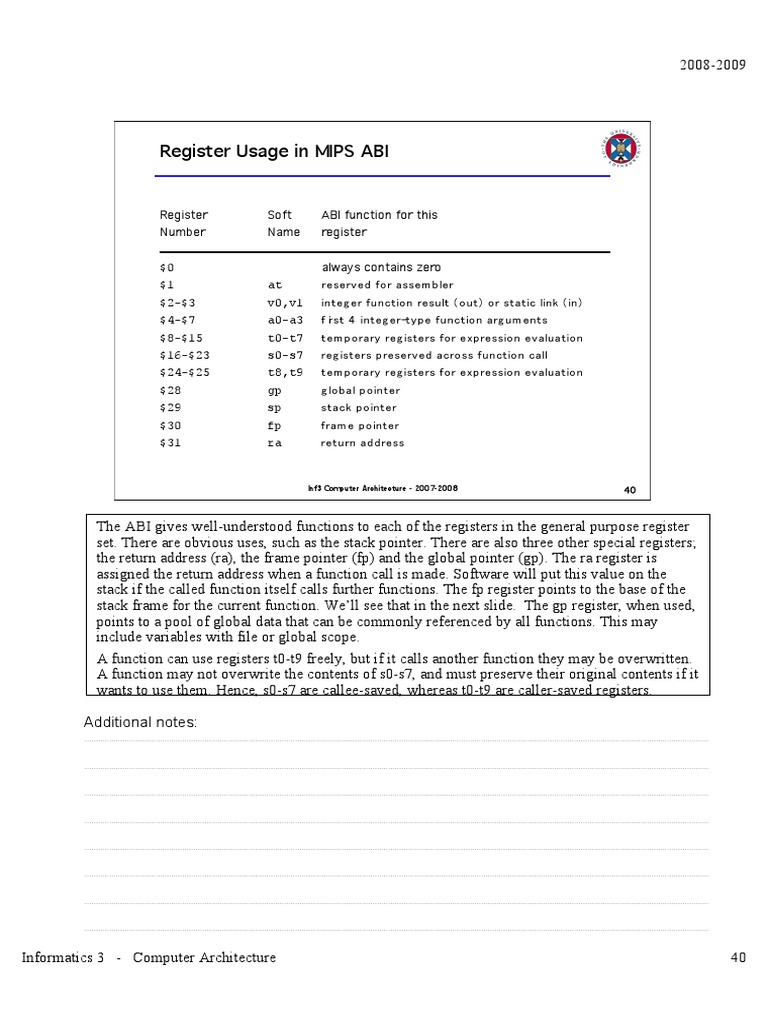 Register Usage in MIPS ABI: Inf3 Computer Architecture - 2007-2008 | PDF | Instruction Set ...