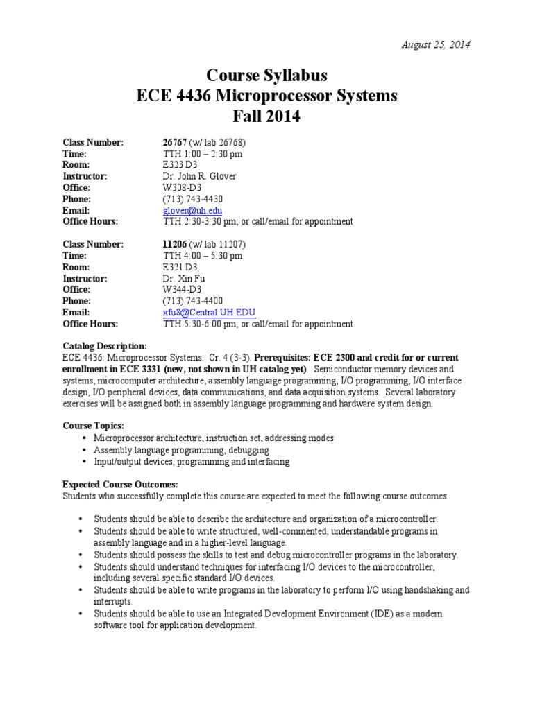 Course Syllabus ECE 4436 Microprocessor Systems Fall 2014: Glover@uh - Edu | PDF | Input/Output ...
