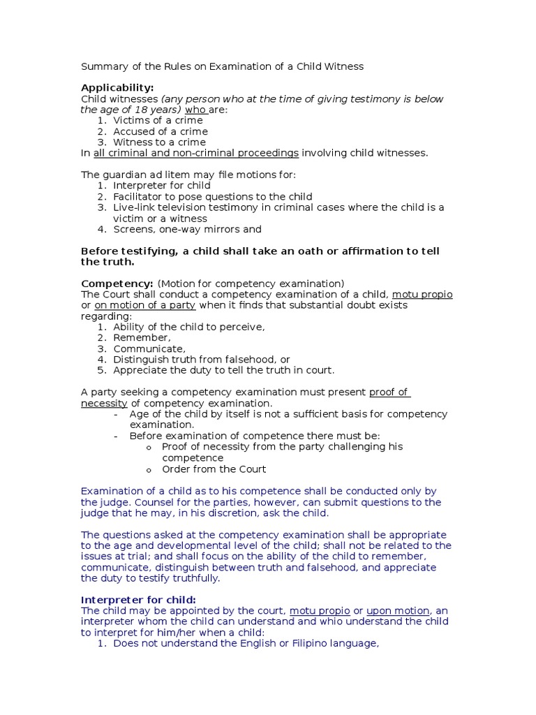 Child Witness Examination Rules Summary | PDF | Hearsay | Legal Procedure