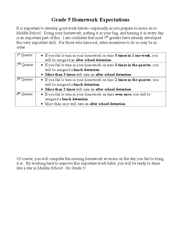 Grade 5 Homework Expectations | PDF | Career & Growth | Wellness