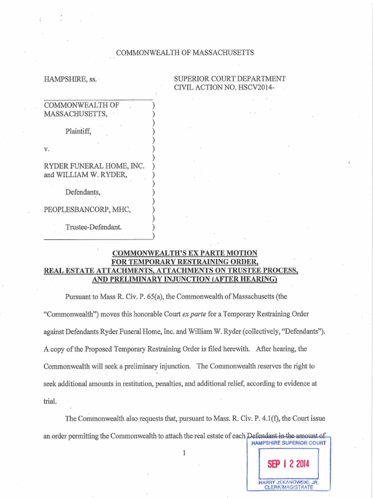 Commonwealth'S Ex Parte Motion For Temporary Restraining Order, Real ...