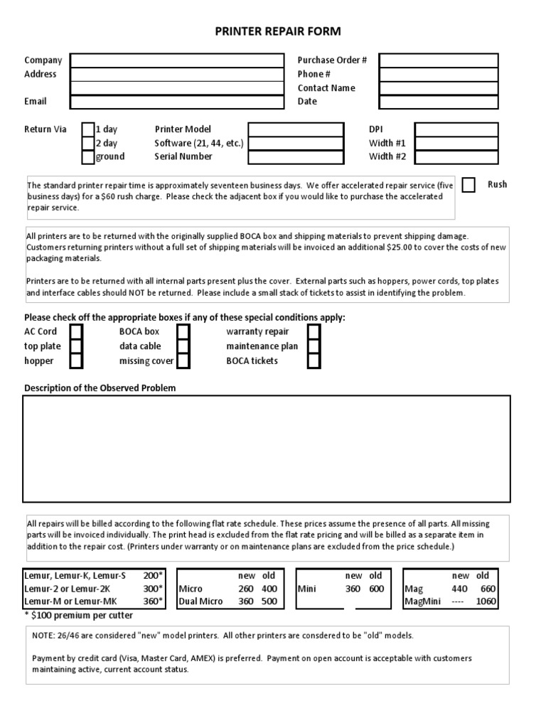 Printer Repair Form: Please Check Off The Appropriate Boxes If Any of ...
