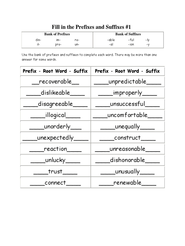 Prefixes and Suffixes Worksheet | PDF