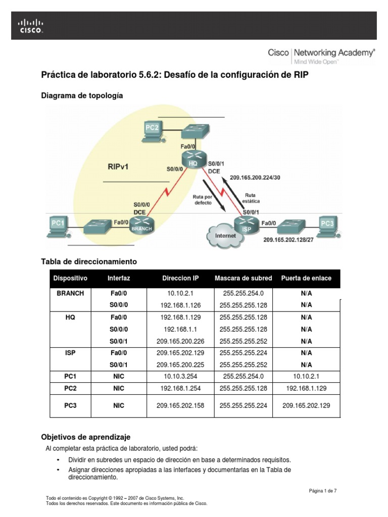 Diego Ardila Práctica de Laboratorio 5.6.2 Desafío de La Configuración de RIP | PDF | Enrutador ...