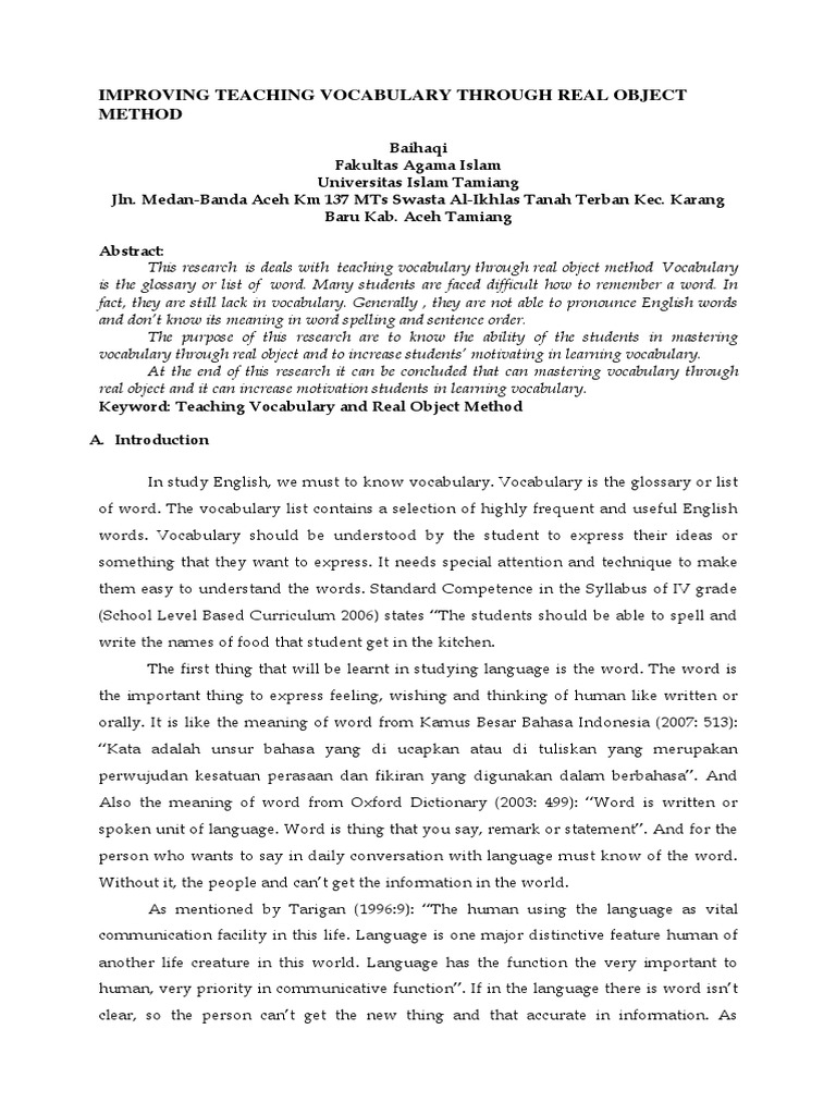 Improving Teaching Vocabulary Through Real Object Method | PDF ...