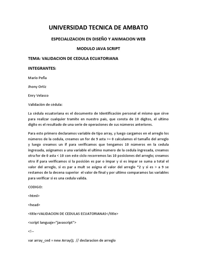 Validación de Cédula en JavaScript | PDF | Script Java | Ingeniería Informática