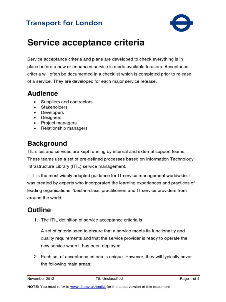 Service Acceptance Criteria | PDF | Itil | Information Technology