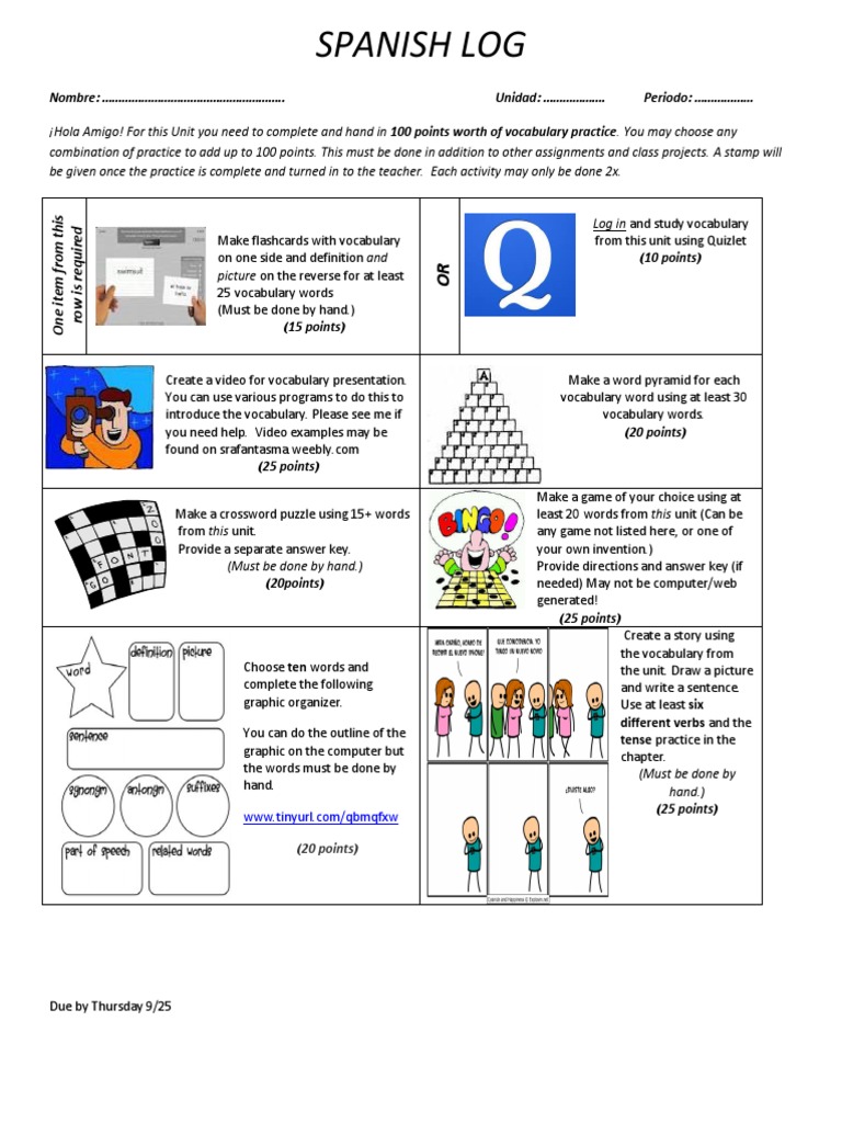 Spanish Vocabulary Practice Assignments | PDF | Games & Activities ...