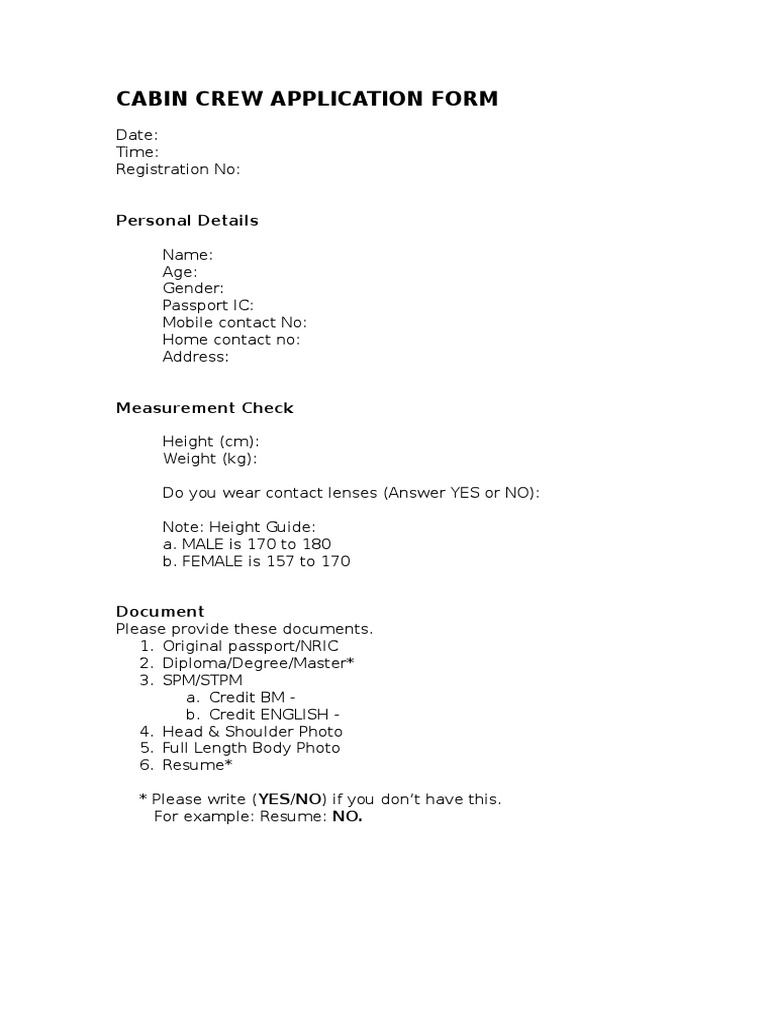 Cabin Crew Application Form | PDF