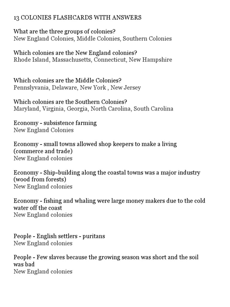 13 Colonies Flashcards With Answers | PDF | New England | Plantation