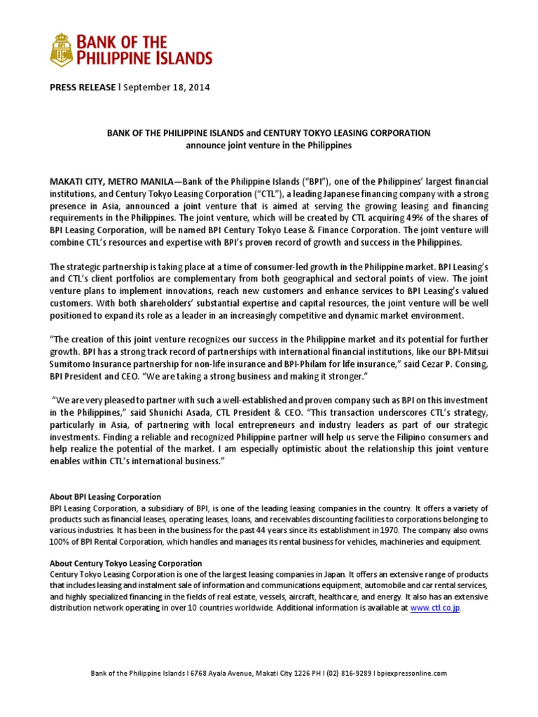 BPI: JV With Century Tokyo Leasing | PDF | Venture Capital | Corporate ...