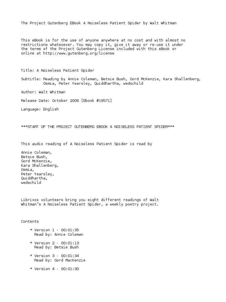 A Noiseless Patient Spider by Whitman, Walt, 1819-1892 | PDF | Project ...