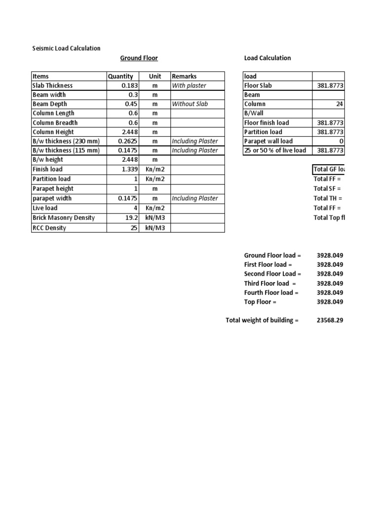 Seismic Load Calculation | PDF | Wall | Building Materials