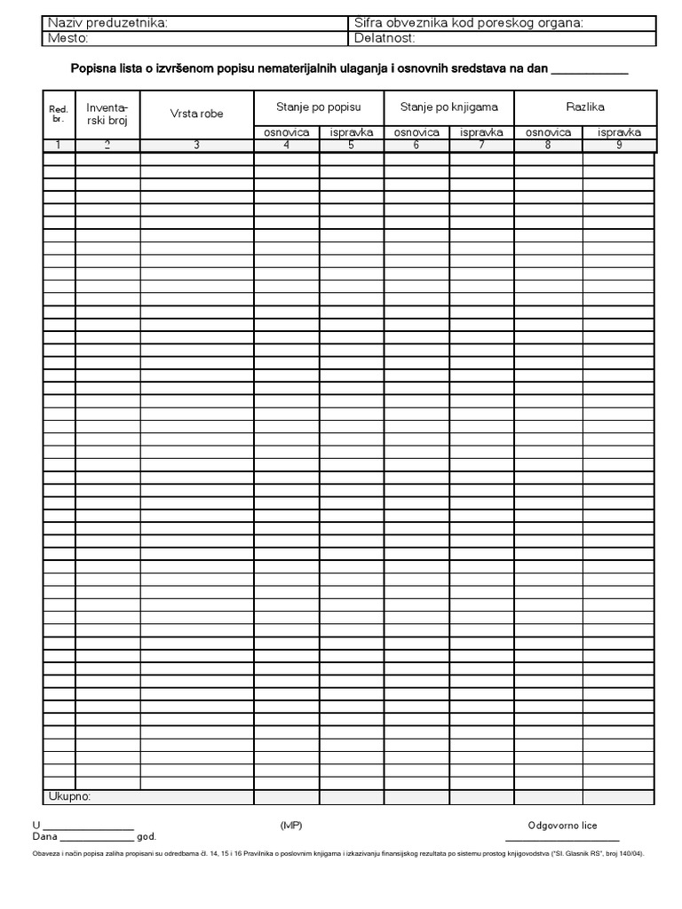 01 Popisna Lista Nematerijalnih Ulaganja i Osnovnih Sredstava