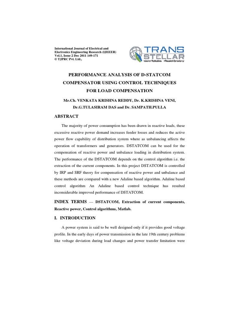 Performance Analysis of D-Statcom Compensator Using Control Techniques For Load Compensation ...