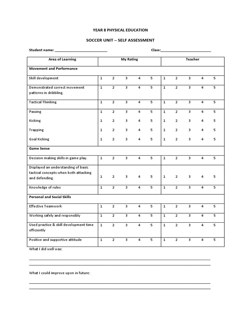 Year 8 Soccer Self-Assessment Guide | PDF | Physical Education ...