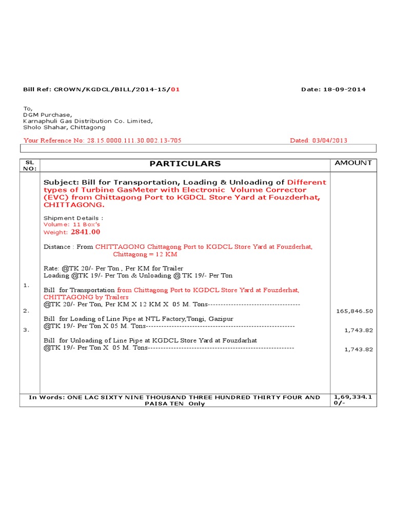 KGDCL Transportation Billing Details | PDF