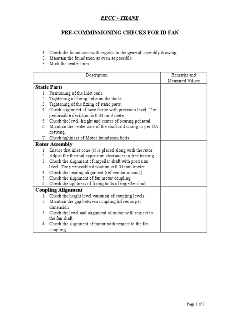 ID Fan Pre-Commissioning Checklist | PDF | Mechanical Fan | Machines
